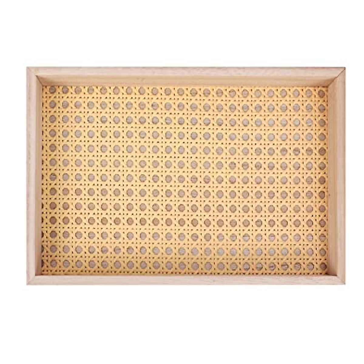 15 x 10 in Rectangle Decorative Tray with Imitated Rattan Handmade, Ottoman Tray, Boho Serving Tray, Basket Serving Tray with Wooden Frame for Coffee, Breakfast, Food, Drink