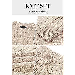 ZESICA Women's Casual 2 Piece Sweater Sets Long Sleeve Cable Knit Pullover Tops and Drawstring Shorts Sweatsuit Outfits,Apricot,Small