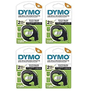 Dymo 10697 Self-Adhesive White Paper Labeling Tape for LetraTag (LT) Label Makers; 4 Blister Packs (8 Refills); Each Blister Pack with Hang Hole contains Two 1/2" Wide x 13ft Long (12mm x 4m) Refill Rolls; Black Print on White paper tape