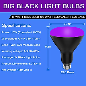 BR30 UV Black Light Bulbs 2 Pack for Glow Party -15W (100w Equivalent) E26 UVA 385-410 nm, Big LED Blacklight Flood Light Bulb for Room, Body Paints, Fluorescent Poster, Halloween, Blacklight Party