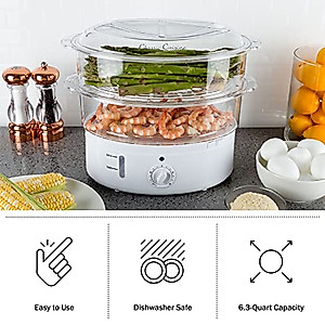 Classic Cuisine Food Steamer and Rice Cooker in one, Two-Tier Food Steamer for Healthy Meals anytime, cooks Vegetables, Fish, Dumplings, Eggs and more, 6.3 QT, Clear