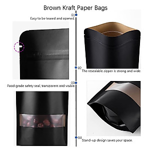PQZKLDP 100pcs Black Kraft Paper Stand Up Pouches, Ziplock Stand Up Food Storage Bags with Matte Window, Reusable, Heat-Sealable for Packaging in Home , Office , Outdoors (Mixed Size)