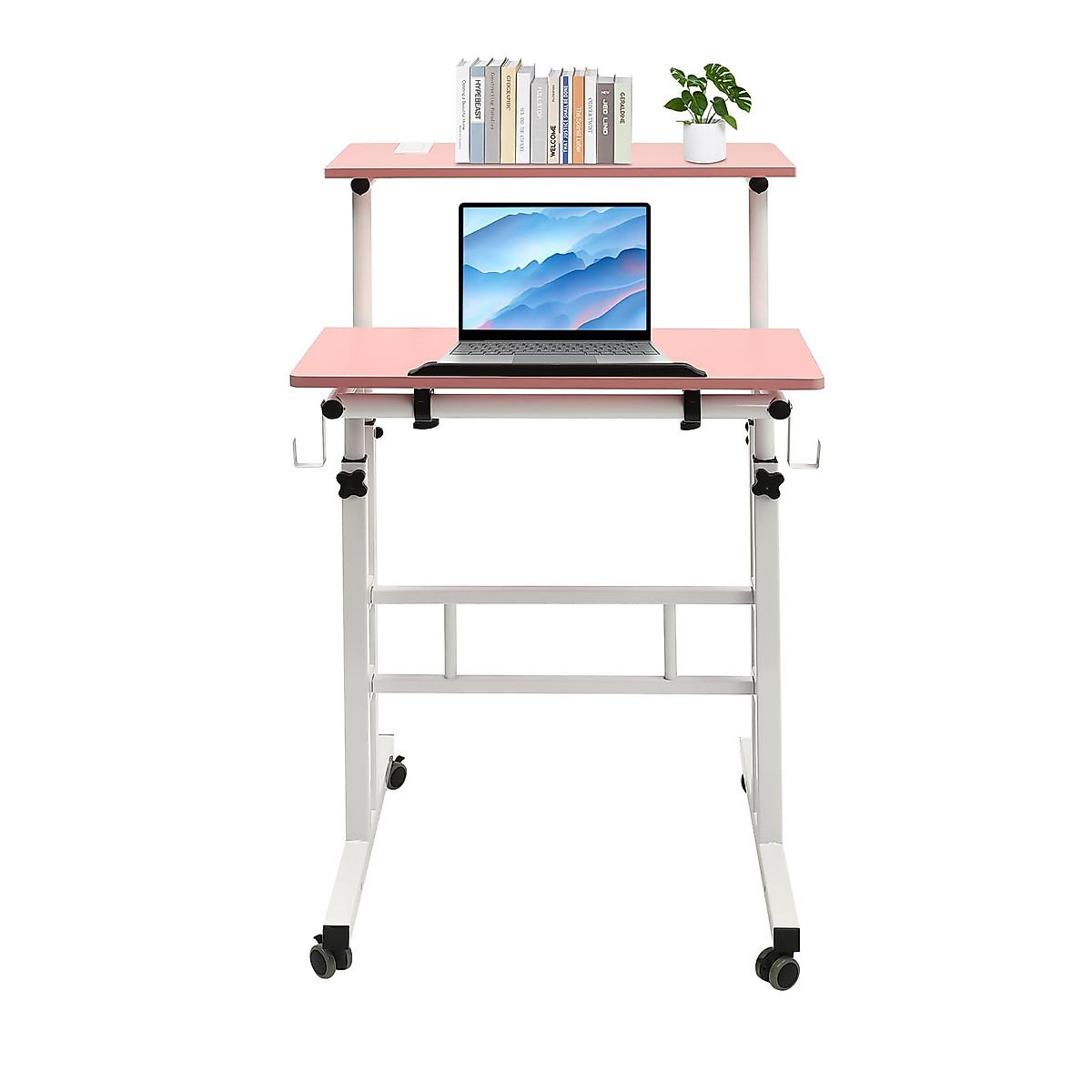 LEYSRIS Mobile Standing Desk Stand up Computer Desk Workstation with Universal Wheels, Adjustable Height Dual Desktop Tilting Panel Rolling Computer Cart with 2 USB Interfaces and 2 Sockets (Pink)