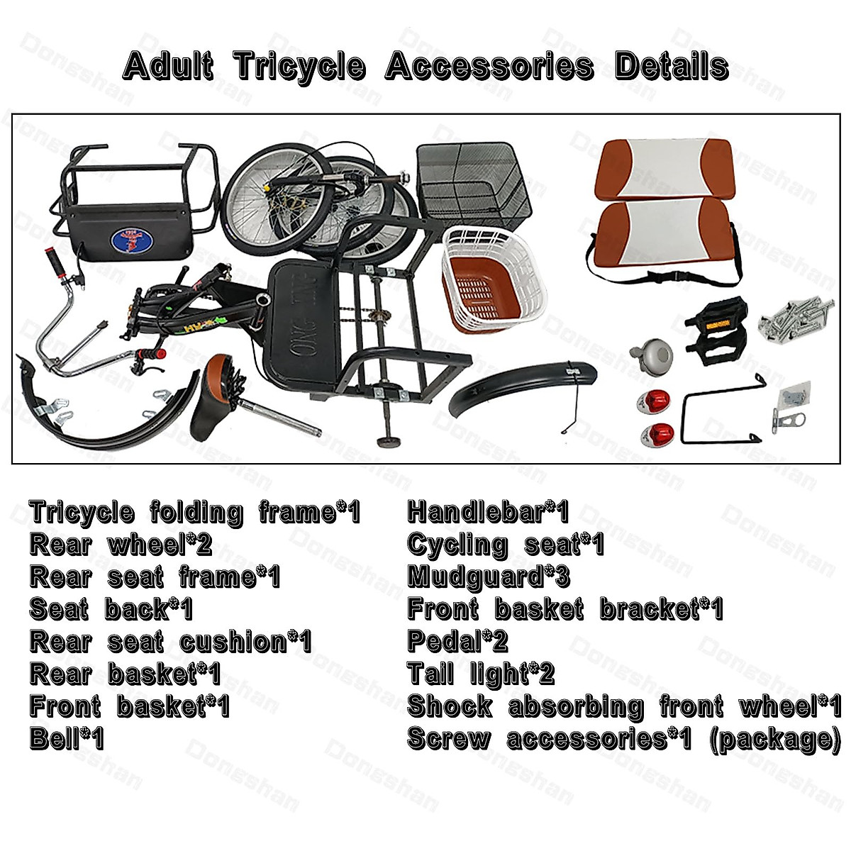 DONGSHAN Tricycle Adult 20'' 3-Wheel Bicycle Folding Bikes Comfortable seat, Rear Enlarged Food Basket Shock-Absorbing Front Fork for Parents to Pick up and Drop Off Children Load 440lbs (Black)