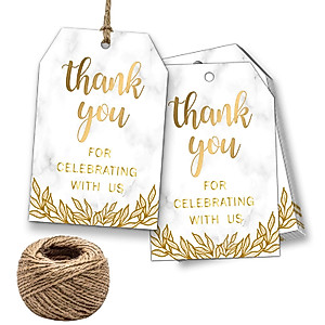 Thank You for Celebrating with Us Tags, 100Pcs Marble Pattern Thank You Gift Tags with 100 Feet Natural Jute Twine for Wedding, Birthday, Baby Shower Party Favors, Paper Gift Tags.