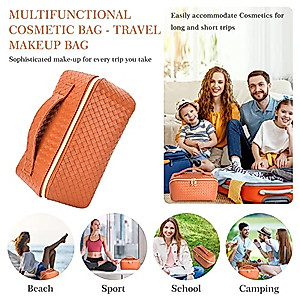 ZAUKNYA Large Capacity Travel Cosmetic Bag - Makeup Bag, Portable Leather Waterproof Women Organizer, with Handle and Divider Flat Lay Bags (Brown)