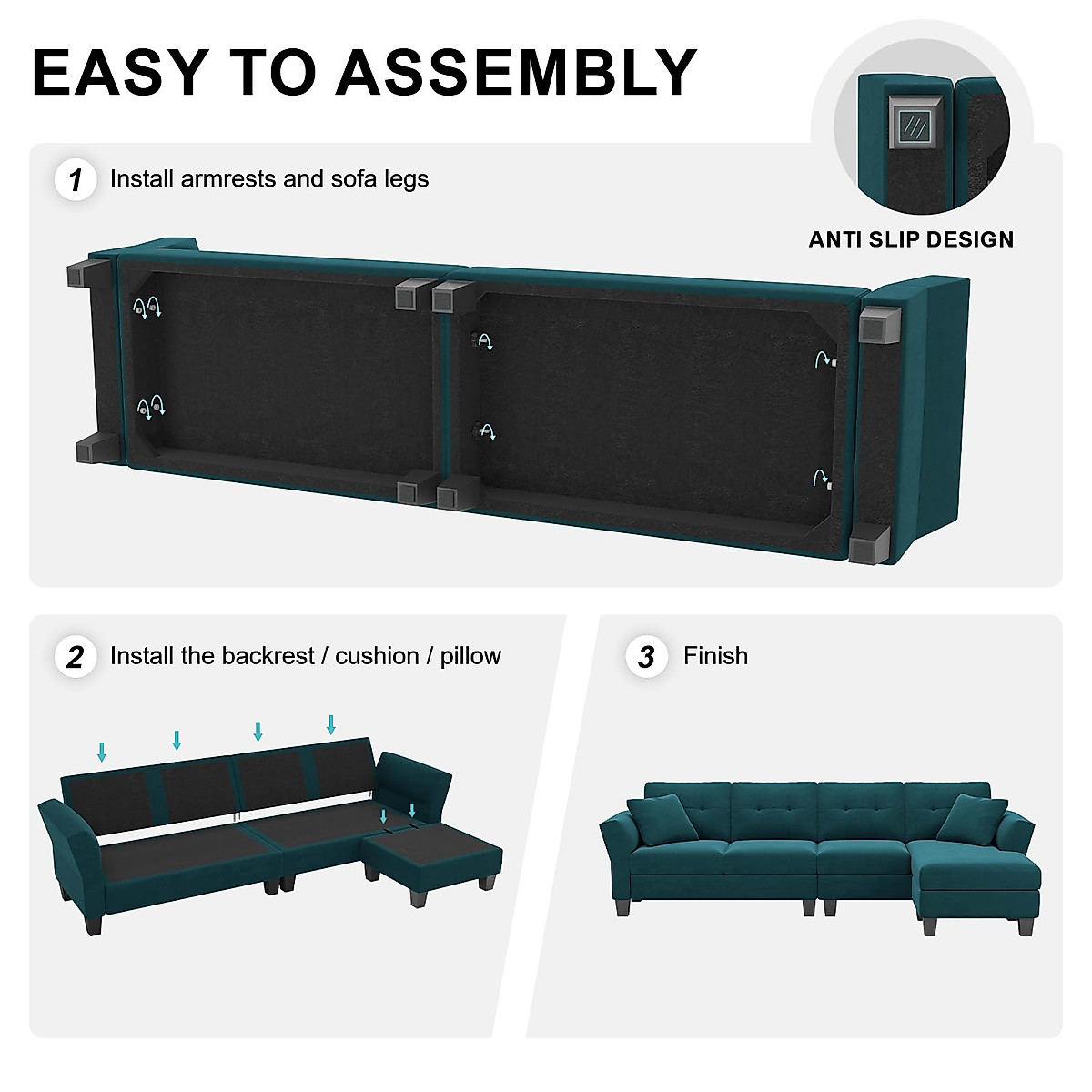 Belffin Convertible Sectional Couch Velvet L Shaped Sofa 4 Seat Sofa with Chaise L-Shaped Couches Reversible Sectional Sofa Peacock Blue