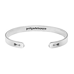 JoycuFF Perseverance Inspirational Bracelets for Women Mantra Silver Metal Open Handmade Quote Message Bangle