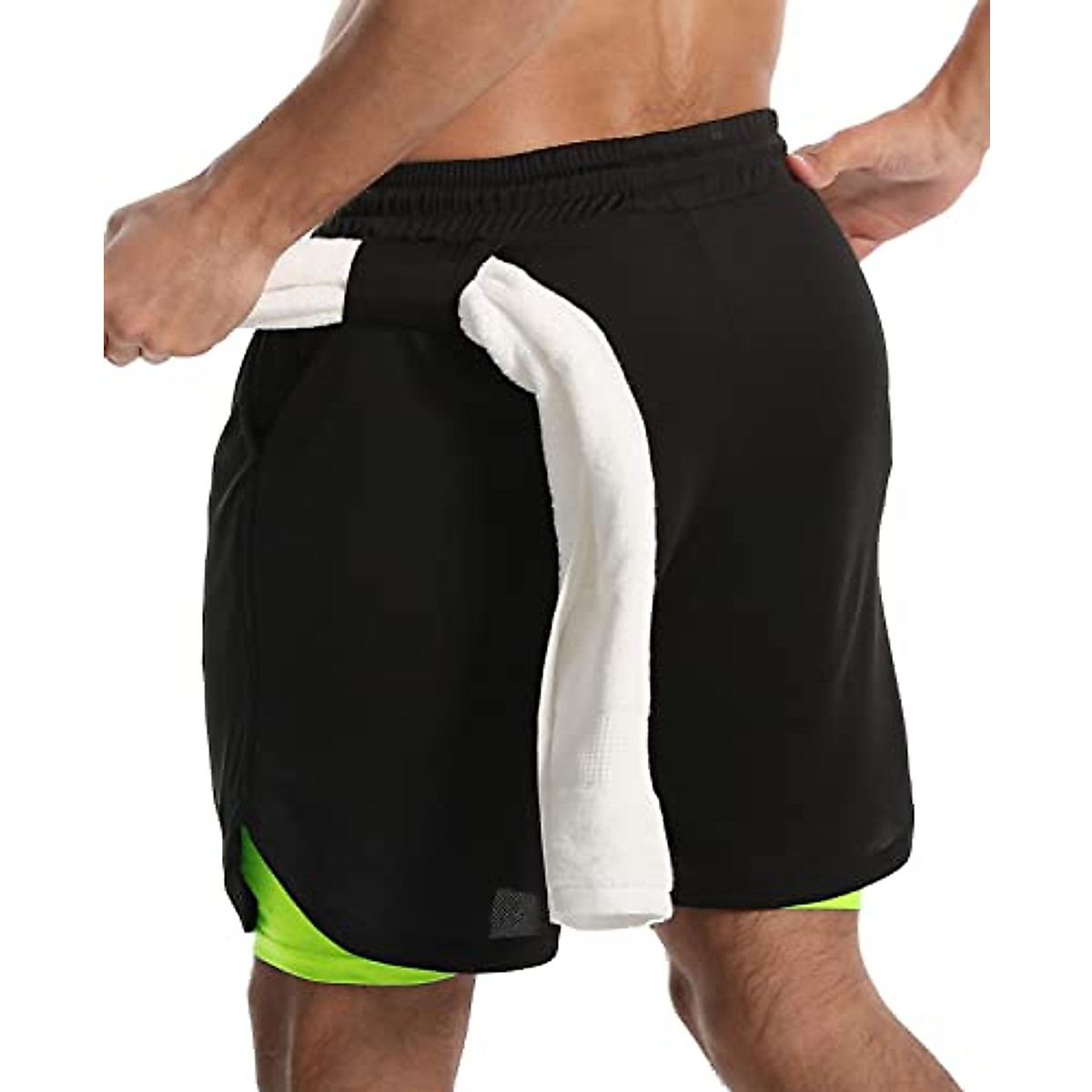 JWJ Men's Running Athletic Workout Sports Mens 2 in 1 Shorts Breathable Gym Short for Men with Pocket, Fluorescent Green Meduim