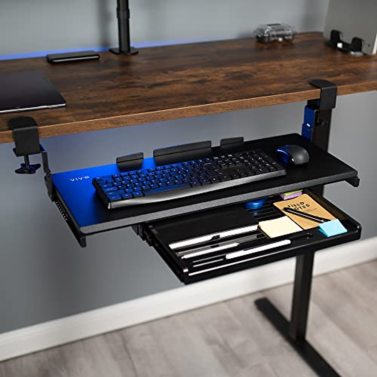 VIVO Large Height Adjustable Keyboard Tray, Under Desk Pull Out Platform, Pencil Drawer, Sturdy C Clamp Mount, 27 (33 Including Clamps) x 11 inch Slide-Out Tray Storage Drawer, Black, MOUNT-KB05-4DH