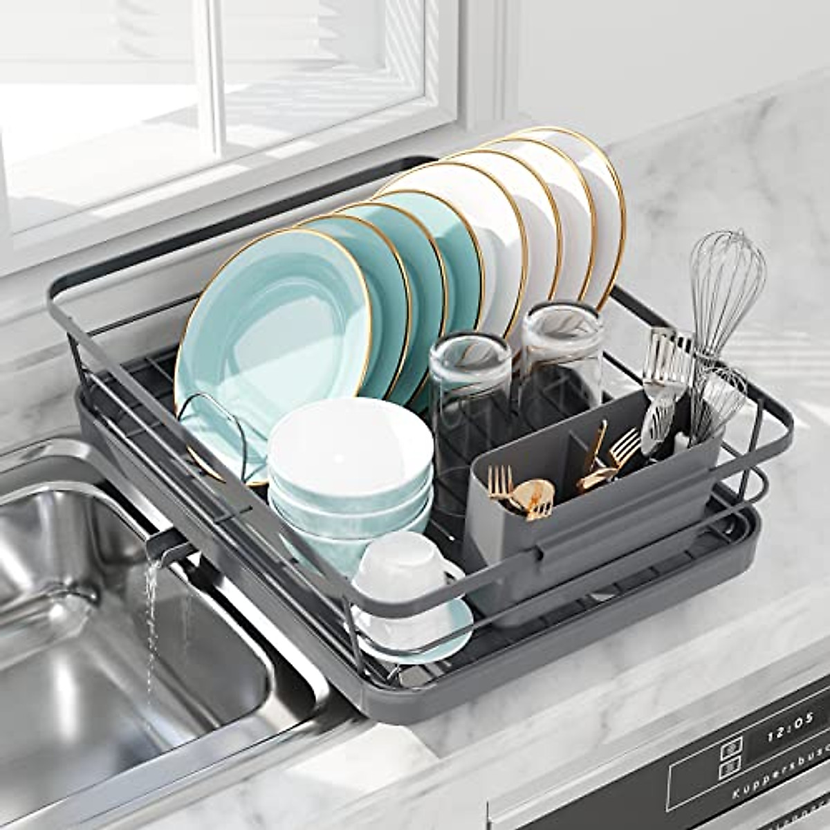 Sakugi Dish Drying Rack - Compact Dish Rack for Kitchen Counter with a Cutlery Holder, Durable Stainless Steel Kitchen Dish Rack for Various Tableware, Dish Drying Rack with Easy Installation, Grey