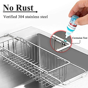 Telescopic Kitchen Sink Organizer Rack, Collapsible Stainless Steel Sink Caddy Drainer with Towel Drying Rack, Sink Basket with Dishcloth Hanger, Soap and Sponge Holder