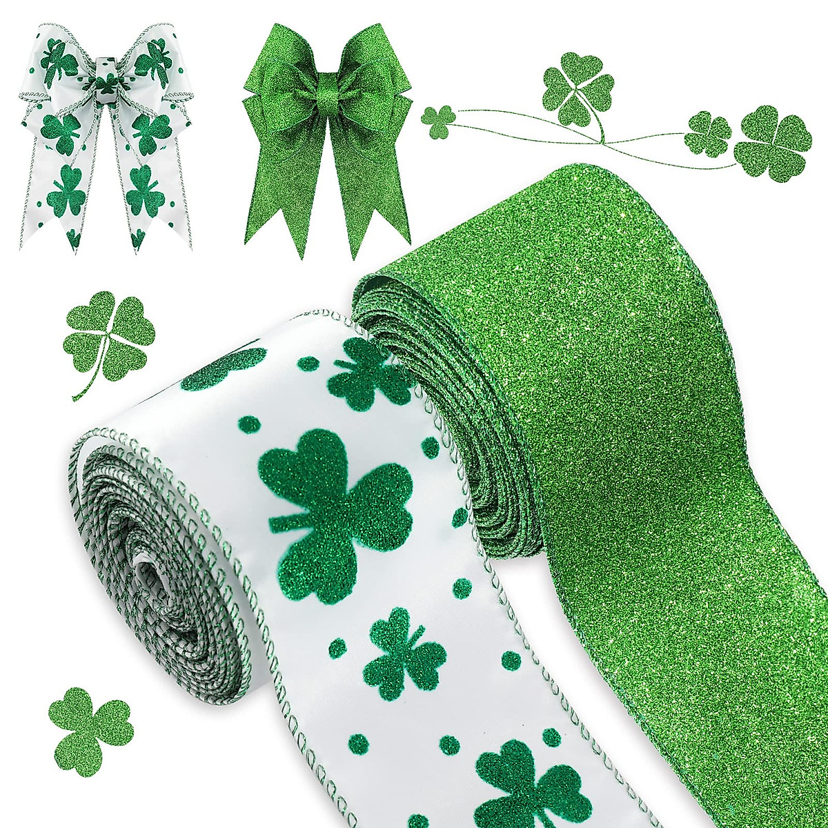 Whaline 2 Rolls St Patrick's Day Wired Ribbon Glitter Green Stain White Shamrock Craft Ribbons Linen Like Polyester Wrapping Ribbon for Home Craft Decoration Gift Bow Party Supply 2.5 Inch x 10 Yards