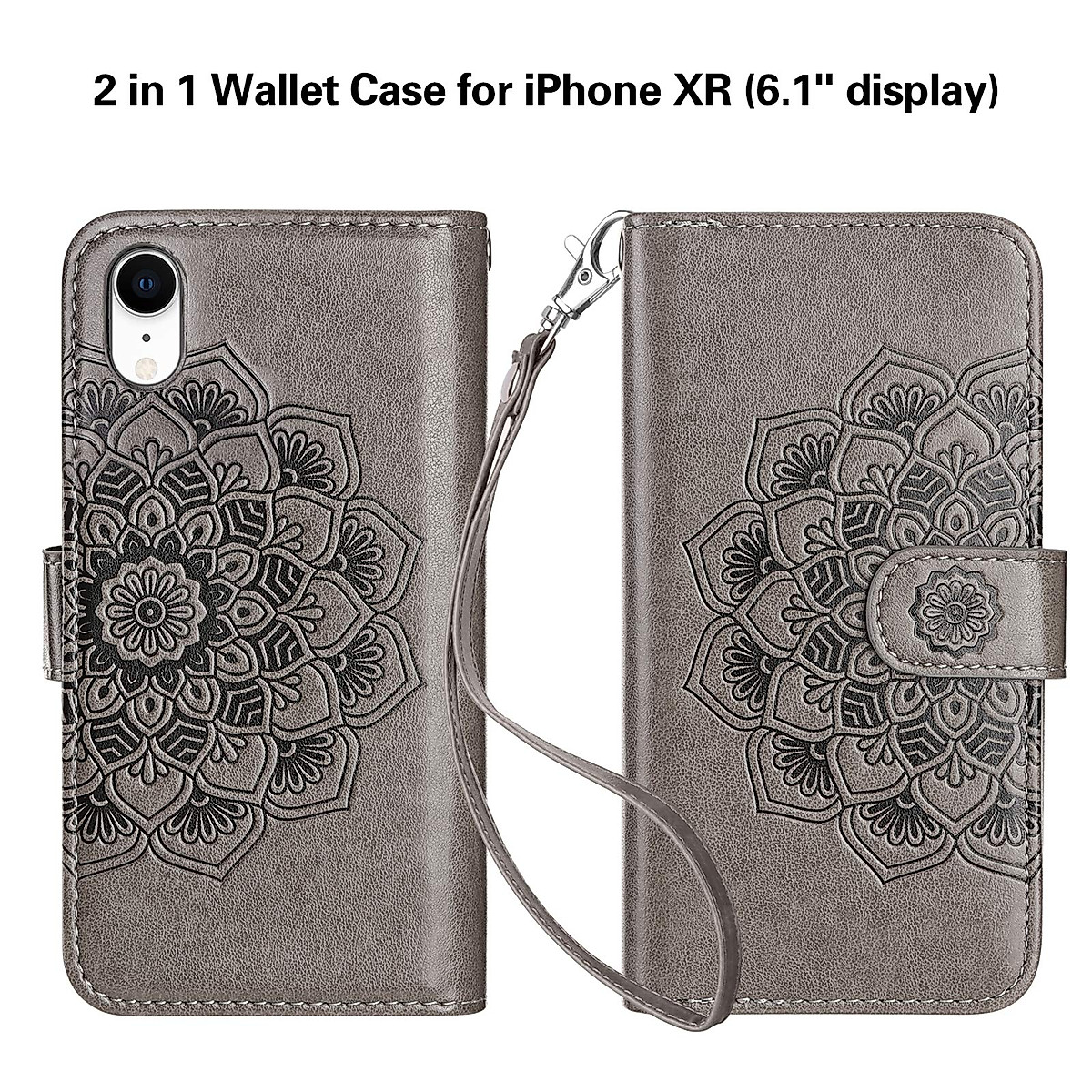 Vofolen Case for iPhone XR Case Wallet Card Holder Leather PU Flip Cover Folio Detachable Magnetic Slim Shell Dual Layer Heavy Duty Protective Bumper Armor Wristband for iPhone XR 10R Mandala Grey