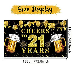 Happy 21st Birthday Banner Decorations, Black Gold Cheers to 21 years Backdrop Party Supplies, 21st Anniversary Photo Booth Poster Sign Decor (72.8 x 43.3 Inch)