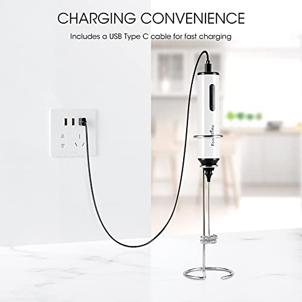 FoodVille MF05 Rechargeable Milk Frother USB Charging Handheld Foam Maker with Stainless Balloon Whisk for Cappuccino, Latte, Bulletproof Coffee, Keto Diet, Protein Powder, Matcha (White with Stand)