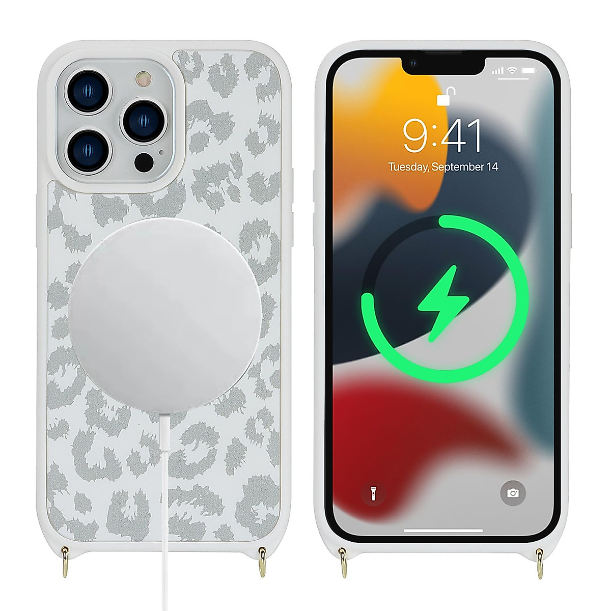 Cavor for iPhone 13 Pro Max Case,Compatible with Magsafe for Women,Crossbody Cases for iPhone 13 Pro Max with Strap Wireless Charging,Leopard Grain Full Body Shockproof Protective Case,White