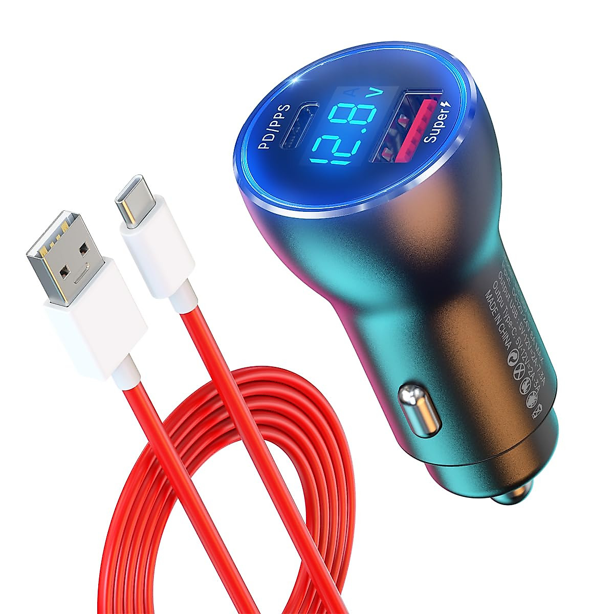 for Oneplus Car Charger 100W 80W SuperVooc Warp Charge 65W Car Charger for One Plus 13 12 13R 12R 11 10 Pro 9 10T 8T 8 7T 7 Open Pad Nord 2T CE 3 4 N20 N30 N100, 25W PD PPS USB C Port 3ft Fast Cable