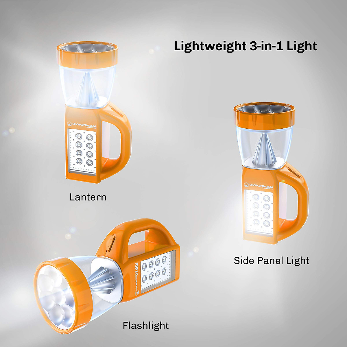 Wakeman LED Lantern Flashlight Combo - Portable 3-in-1 Lightweight Lamp with Side Panel Light for Camping, Hiking & Emergencies Outdoors (Orange)