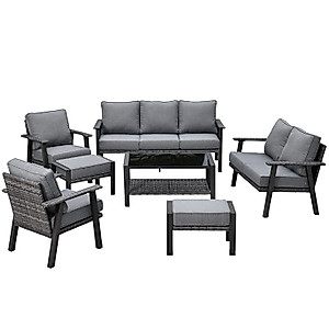 ovios Patio Furniture Set 7-Pieces Outdoor Wicker Rattan Sofa with Coffee Table Loveseat Ottomans, High Back All Weather Conversation Set with Comfy Cushions, Dark Grey