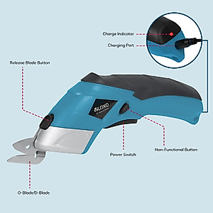 VLOXO Cordless Electric Scissors with 2 Blades Rechargeable Powerful Shears Cutting Tool for Fabric Cardboard Carpet Leather Felt with Charger