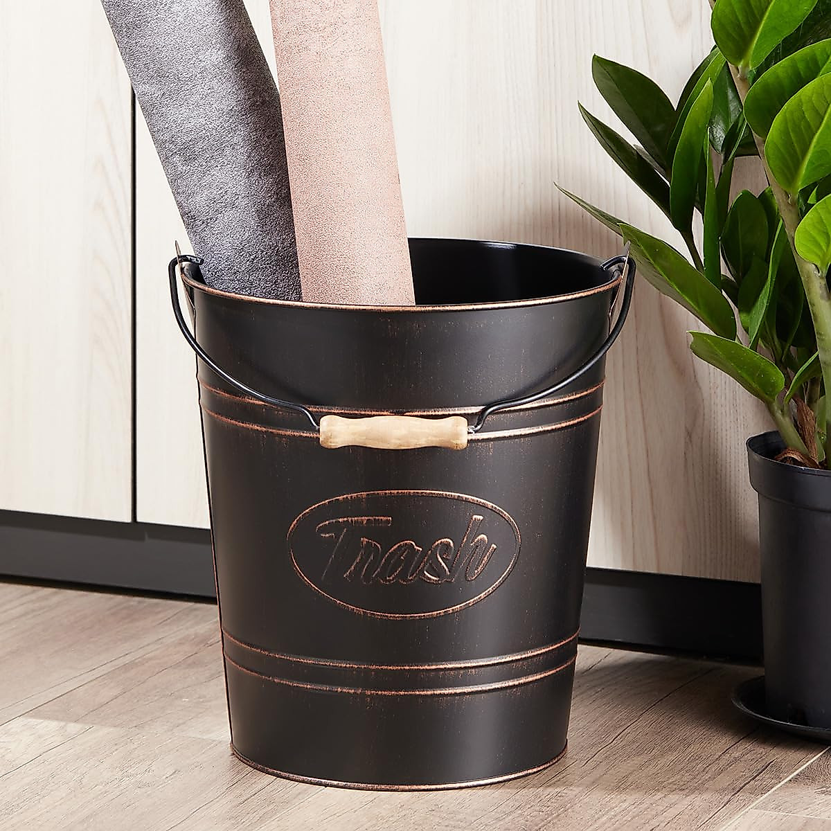 Pack 2, Rustic Farmhouse Bathroom Trash Can, Modern Country Style Galvanized Farm Metal Kitchen Trash Bucket, Large Vintage Waste Basket, Industrial Chic Bucket Garbage Can Bin, Western Garbage Pail