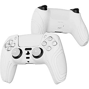 eXtremeRate PlayVital Samurai Edition White Anti-Slip Controller Grip Silicone Skin for ps5, Ergonomic Soft Rubber Protective Case for ps5 Controller with White Thumb Stick Caps
