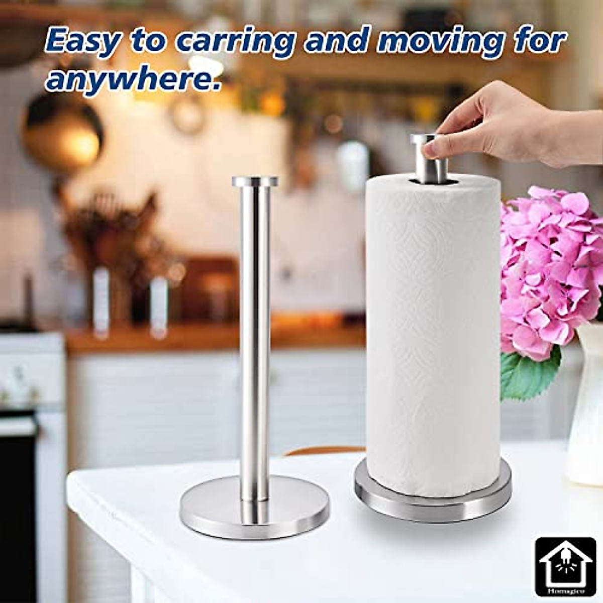 2Pack Stainless Steel Paper Towel Holder Countertop for One Hand Tear, Standing Paper Towel Holder with Non-Slip Base, Paper Towel Roll Holder for Kitchen Bathroom Countertop, Sliver 13.8"