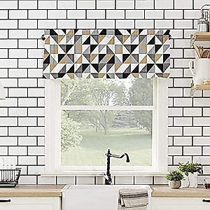 Kitchen Curtains, Simple Black and White Gold Triangle Pattern Valances for Windows, Bathroom Curtains Window 42x12in Short Curtains, Kitchen Window Curtains Over Sink, Rod Pocket Valance Curtains