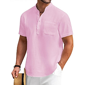 COOFANDY Men's Cotton Linen Henley Shirt Short Sleeve Hippie Casual Beach T-Shirts with Pocket Pink