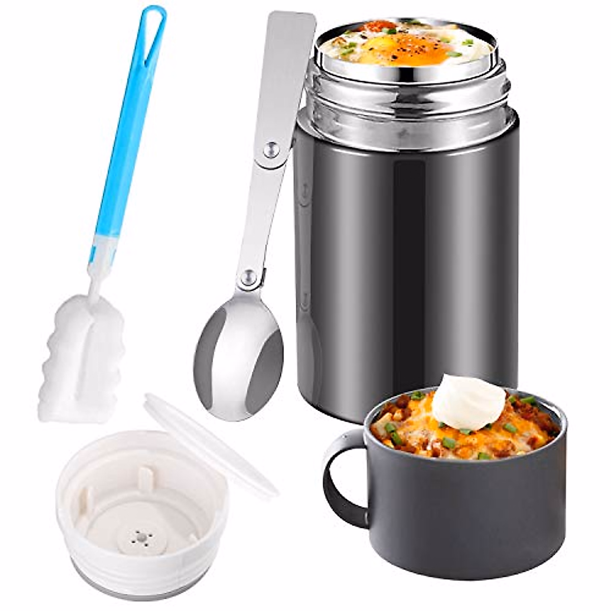 Baokai Insulated Food Jar 20 oz, Vacuum Soup Thermos for Hot Food Kids Adults, Stainless Steel Leak Proof Lunch Container with Folding Spoon for School Office Camping Picnic Travel Outdoors-Black