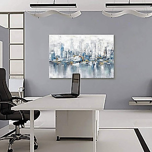 Modern Urban Abstract Painting Artwork: Contemporary Cityscape Hand Painting Abstract Canvas Wall Art for Living Room (45” x 30” x 1 Panel)