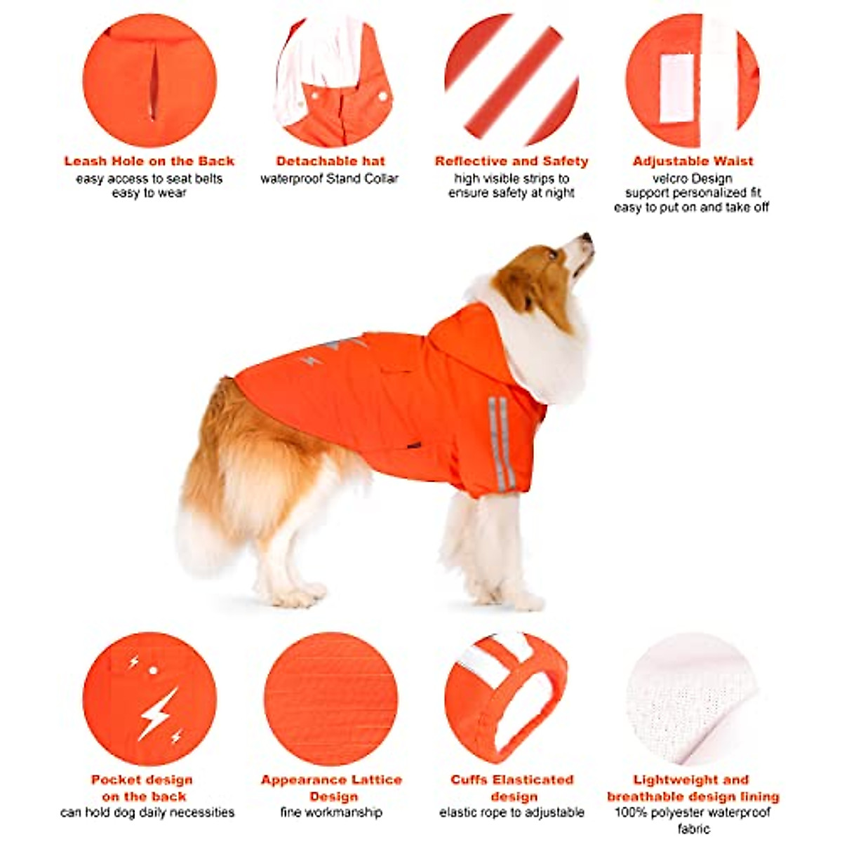 Dog Raincoat, Waterproof Hooded Dog Rain Jacket, Adjustable Dog Raincoat with Hood Leash Hole, Lightweight Pet Raincoat with Reflective Strip, Dog Raincoats for Small Medium Large Dogs (Large, orange)