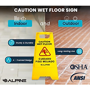 Alpine 24 Inch Caution Wet Floor Sign, High Visibility Yellow Caution Slippery When Wet Sign - Bilingual Safety Warning Sign to Easily Avoid Slippery Accidents in Businesses & High Traffic Areas