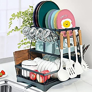 Decmerry 3-Tier Dish Drying Rack with Drainboard, Metal Dish Drainers Rack for Kitchen Counter with Cutlery Rack and Cup Holders, Large Capacity Dish Organizer Shelf（Black）
