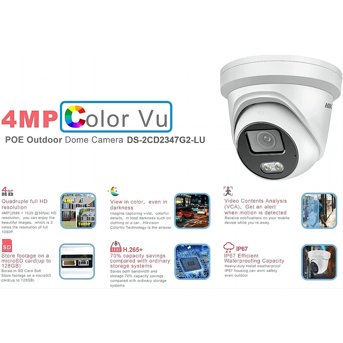 Ⲏіkvіsіon IP Camera AcuSense DS-2CD2347G2-LU 4MP PoE IP Turret Dome Camera, 247 Full Color 2.8mm Fixed Lens Outdoor Rated, IP67, H.265+ Built in Microphone, English Version Human Vehicle Detection
