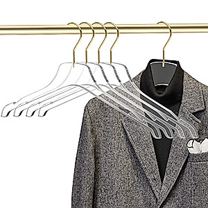 Quality Acrylic Clear Hangers, 5 Pack Clear Lucite Acrylic for a Luxurious Look and Feel with Swivel Hook, Suit Coat Shirt Dress Hangers (Clear - Matte Gold Hook, 5)