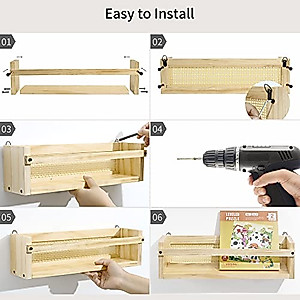 Petrala Boho Rattan Floating Shelves Set of 2, Natural Wood Wall Mounted Shelves for Wall Decor Bedroom Living Room Bathroom Office