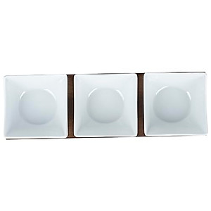 Restaurantware 15 Ounce Bowl Set with Tray - 1 Dishwashable Serving Set Includes 3 Porcelain Bowls And 1 Bamboo Tray Durable White Porcelain And Bamboo Bowl And Tray Set Reusable Freezable