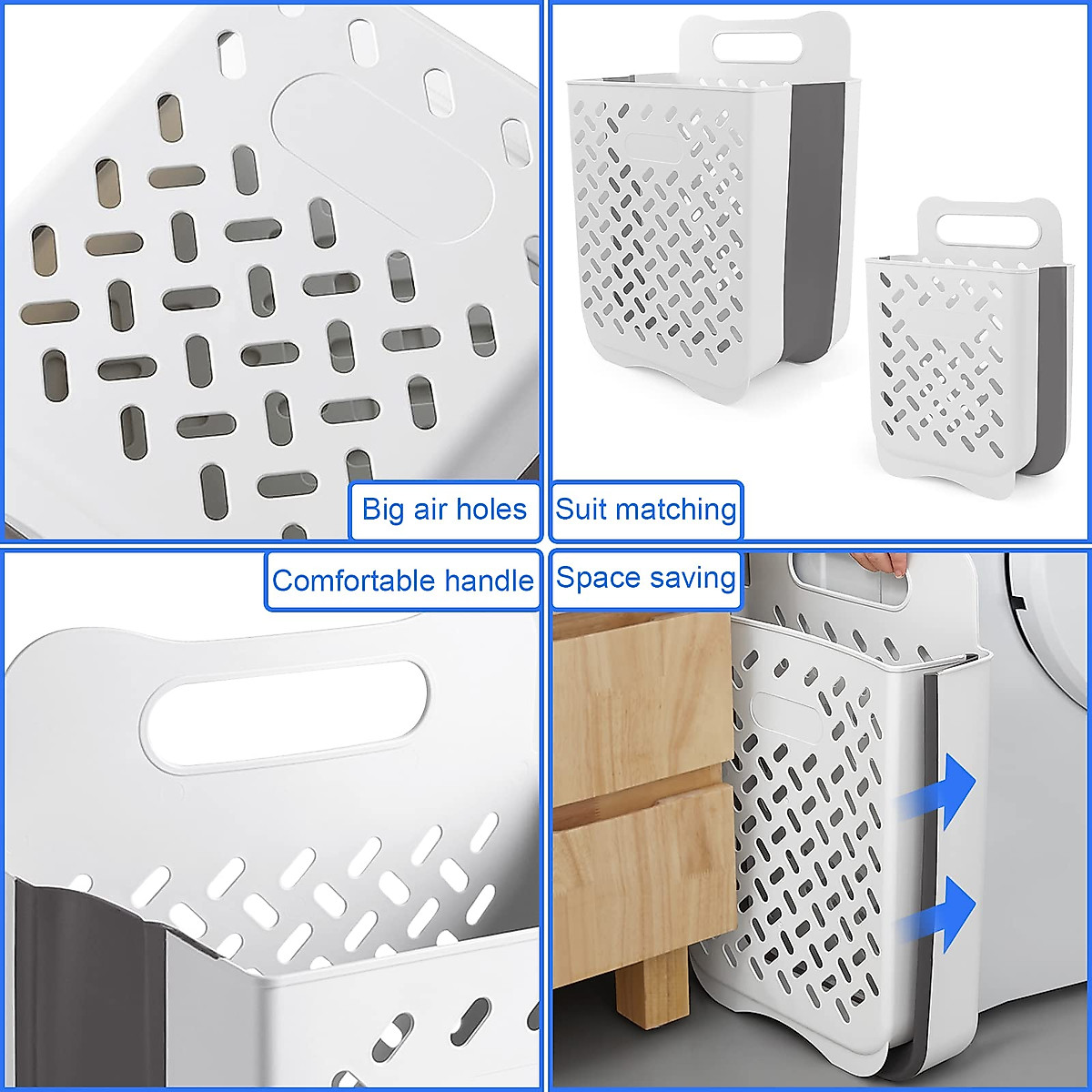 Laundry Basket Hamper,Hanging Wall Collapsible Laundry with Handle,Space-Saving Foldable Storage Dirty Washer Organizer Bin Multi-function Container Waterproof Durable,Set of 2(XL&M)