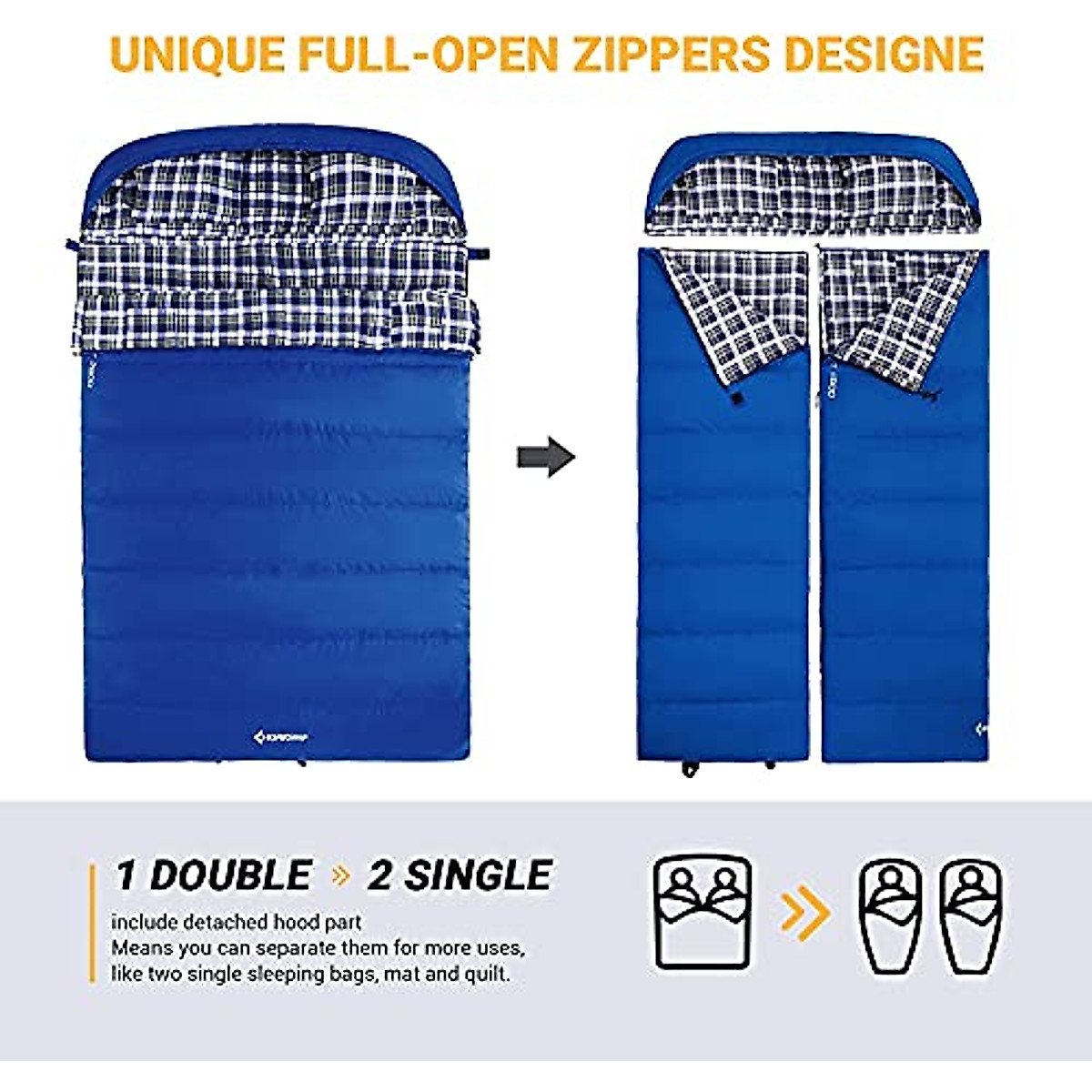 KingCamp Camping Double Sleeping Bags, 3 Season Cotton Flannel Lining Double Layer Sleeping Bag 2 Person Couple Waterproof Lightweight Backpacking Hiking Outdoors with Pillow and Carry Bag Queen Size