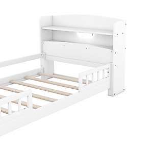 BestLM Wood Twin Size Platform Bed with Built-in LED Light, Storage Headboard and Safety Guardrail for Kids Teens Boys Girls, No Box Spring Needed, White