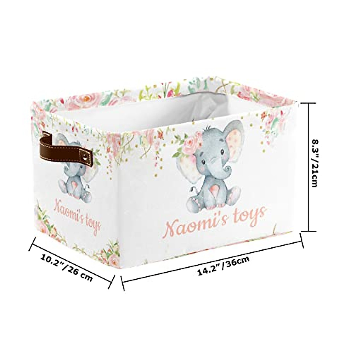 Joyestore Pink Flower Elephant Personalized Storage Bins ,Baskets Cubes Organizer with Handle for Shelves Closet Nursery Toy 1 Pack