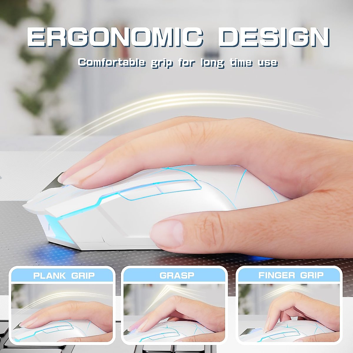 AJ52PRO Wired Wireless Bluetooth Gaming Mouse with RGB LED Backlight Adjustable 10000DPI Ergonomic 7 Programmable Button Rechargeable 800mAh Battery 2.4Ghz USB Receiver for PC Mac PS4 Gamer(StarWhite)