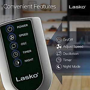Lasko Portable Electric 42" Oscillating Tower Fan with Nighttime Setting, Timer and Remote Control for Indoor, Bedroom and Home Office Use, Silver, T42951