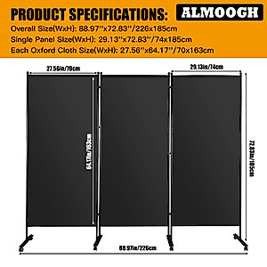 ALMOOGH Office Partition 89" W x 14" D x 73" H Room Divider Wall 3-Panel Office Divider Folding Portable Office Walls Divider with Non-See-Through Fabric Room Partition Black for Room Office
