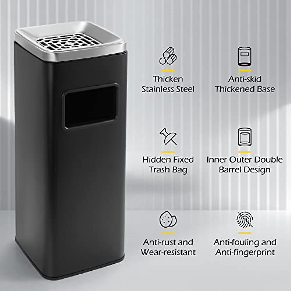Dyna-Living Stainless Steel Trash Can Outdoor Commercial Garbage Can Large Trash Bin for Home Use Industrial Waste Container, Square Black