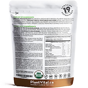 Plantvital Vegan Protein Powder Plant Based - Organic Protein Powder Chocolate - 24g/0g Sugar, 18 Superfoods, Probiotics, Raw Cocoa, Pea, Gluten-Free, Keto-Friendly, 16oz