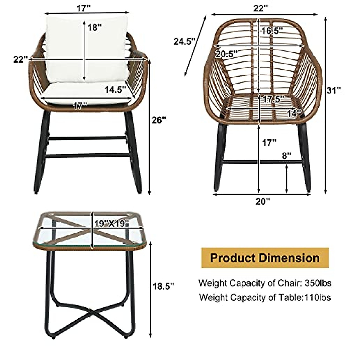 OBIOZZ Patio Furniture Set 3PCS Patio Rattan Bistro Set Cushioned Chair Glass Table Deck White Patio Set, Ideal for Your Backyard, Balcony, Garden for Backyard Porch