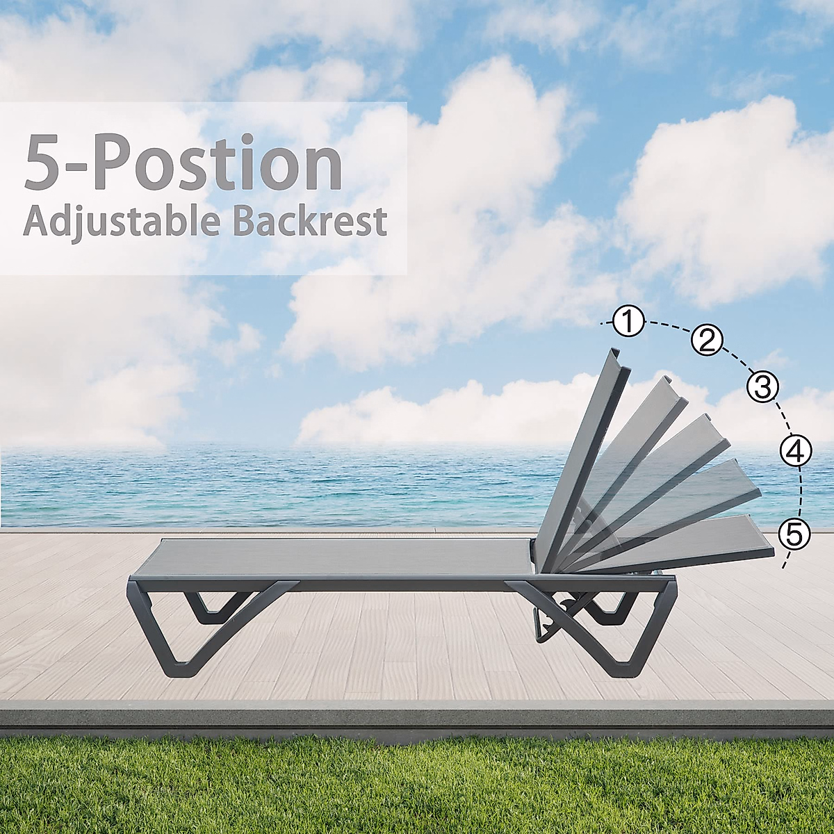 Domi Outdoor Chaise Lounge Set of 2,Pool Lounge Chair,Aluminum Sling Lounge Chairs for Outside with 5 Adjust able Positions (2 Grey Lounges W/O Table)